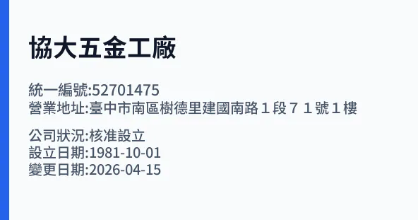 協大五金工廠的照片-統編 52701475(臺中市) 公司登記資料與營業項目詳細圖表