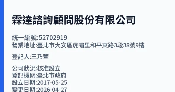 霖達諮詢顧問股份有限公司的照片-統編 52702919(臺北市) 公司登記資料與營業項目詳細圖表