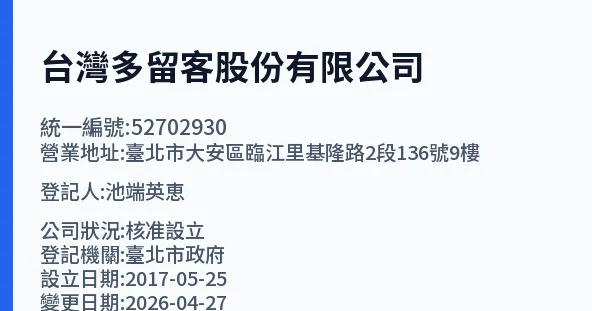台灣多留客股份有限公司的照片-統編 52702930(臺北市) 公司登記資料與營業項目詳細圖表