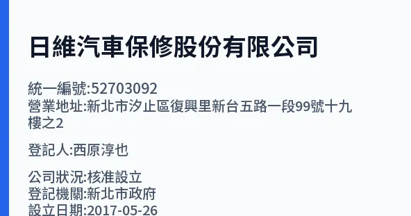 日維汽車保修股份有限公司的照片-統編 52703092(新北市) 公司登記資料與營業項目詳細圖表