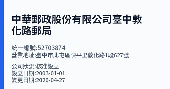中華郵政股份有限公司臺中敦化路郵局的照片-統編 52703874(臺中市) 公司登記資料與營業項目詳細圖表