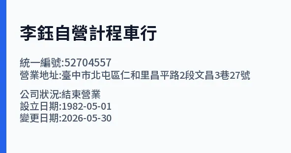李鈺自營計程車行的照片-統編 52704557(臺中市) 公司登記資料與營業項目詳細圖表