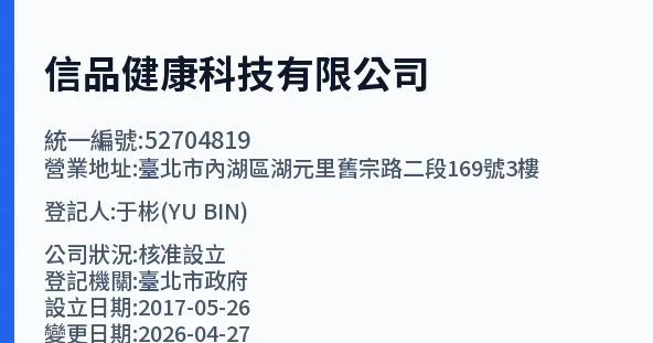 信品健康科技有限公司的照片-統編 52704819(臺北市) 公司登記資料與營業項目詳細圖表