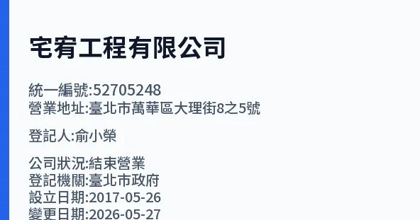 宅宥工程有限公司的照片-統編 52705248(臺北市) 公司登記資料與營業項目詳細圖表