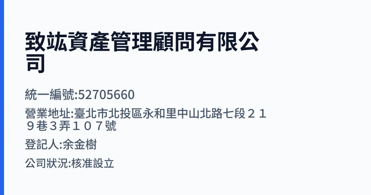 致竑資產管理顧問有限公司 - 統編 52705660(臺北市) 公司登記資料與營業項目詳細圖表