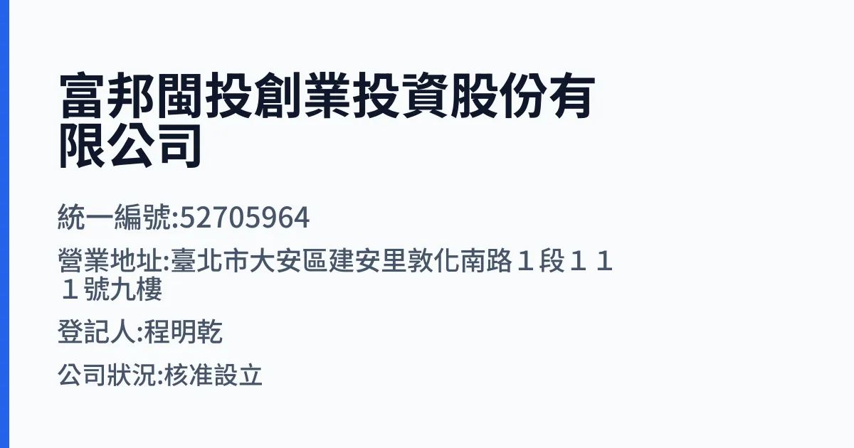 富邦閩投創業投資股份有限公司 - 統編 52705964(臺北市) 公司登記資料與營業項目詳細圖表