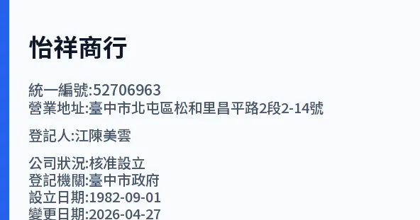 怡祥商行的照片-統編 52706963(臺中市) 公司登記資料與營業項目詳細圖表