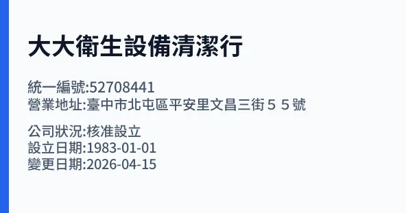 大大衛生設備清潔行的照片-統編 52708441(臺中市) 公司登記資料與營業項目詳細圖表