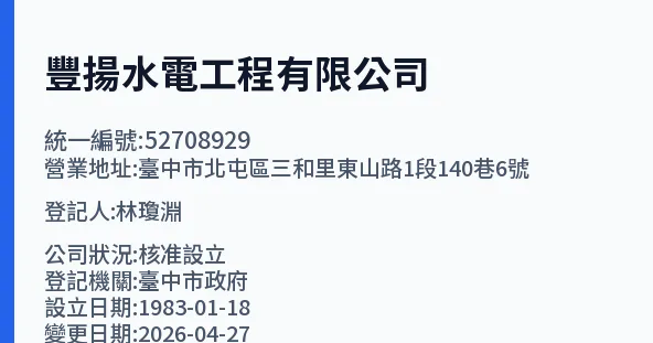 豐揚水電工程有限公司的照片-統編 52708929(臺中市) 公司登記資料與營業項目詳細圖表