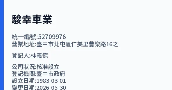 駿幸車業的照片-統編 52709976(臺中市) 公司登記資料與營業項目詳細圖表