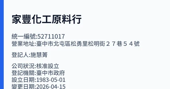 家豐化工原料行的照片-統編 52711017(臺中市) 公司登記資料與營業項目詳細圖表