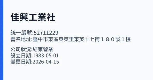 佳興工業社的照片-統編 52711229(臺中市) 公司登記資料與營業項目詳細圖表