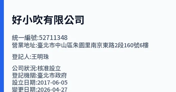 好小吹有限公司的照片-統編 52711348(臺北市) 公司登記資料與營業項目詳細圖表