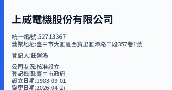 上威電機股份有限公司的照片-統編 52713367(臺中市) 公司登記資料與營業項目詳細圖表