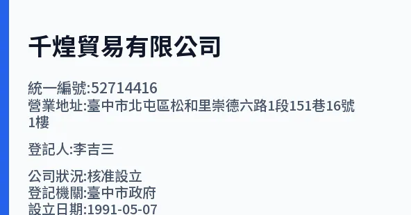 千煌貿易有限公司的照片-統編 52714416(臺中市) 公司登記資料與營業項目詳細圖表
