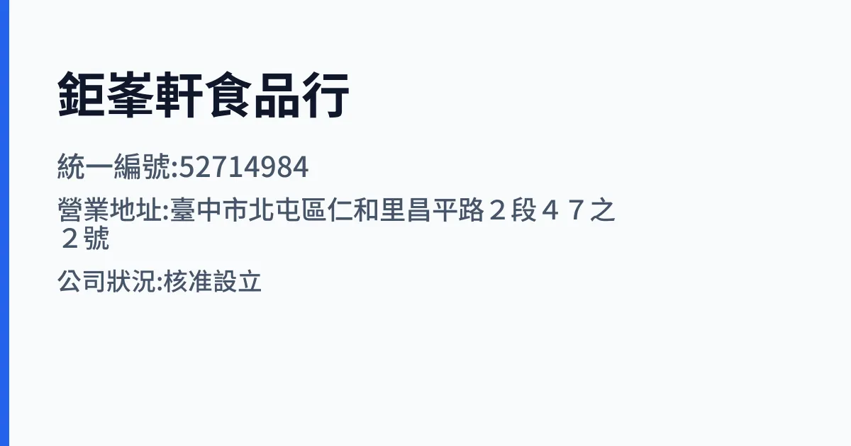 鉅峯軒食品行 - 統編 52714984(臺中市) 公司登記資料與營業項目詳細圖表