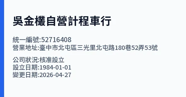 吳金欉自營計程車行的照片-統編 52716408(臺中市) 公司登記資料與營業項目詳細圖表