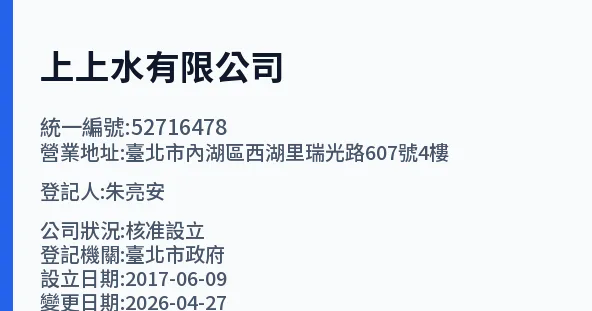 上上水有限公司的照片-統編 52716478(臺北市) 公司登記資料與營業項目詳細圖表