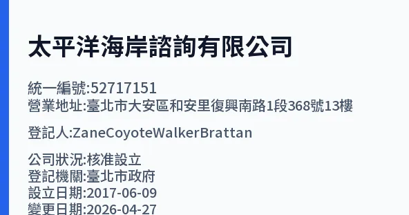 太平洋海岸諮詢有限公司的照片-統編 52717151(臺北市) 公司登記資料與營業項目詳細圖表