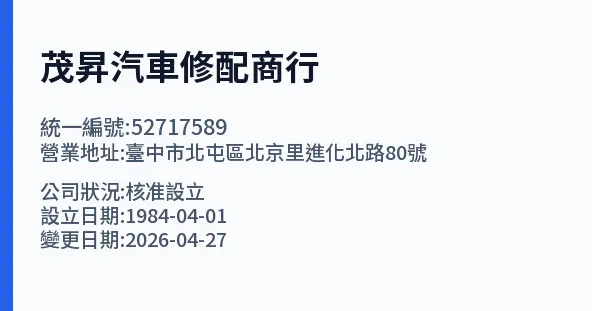 茂昇汽車修配商行的照片-統編 52717589(臺中市) 公司登記資料與營業項目詳細圖表