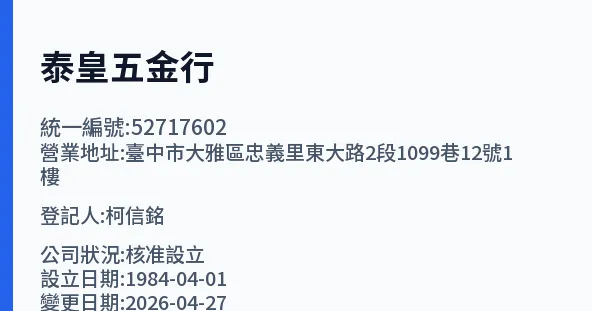 泰皇五金行的照片-統編 52717602(臺中市) 公司登記資料與營業項目詳細圖表