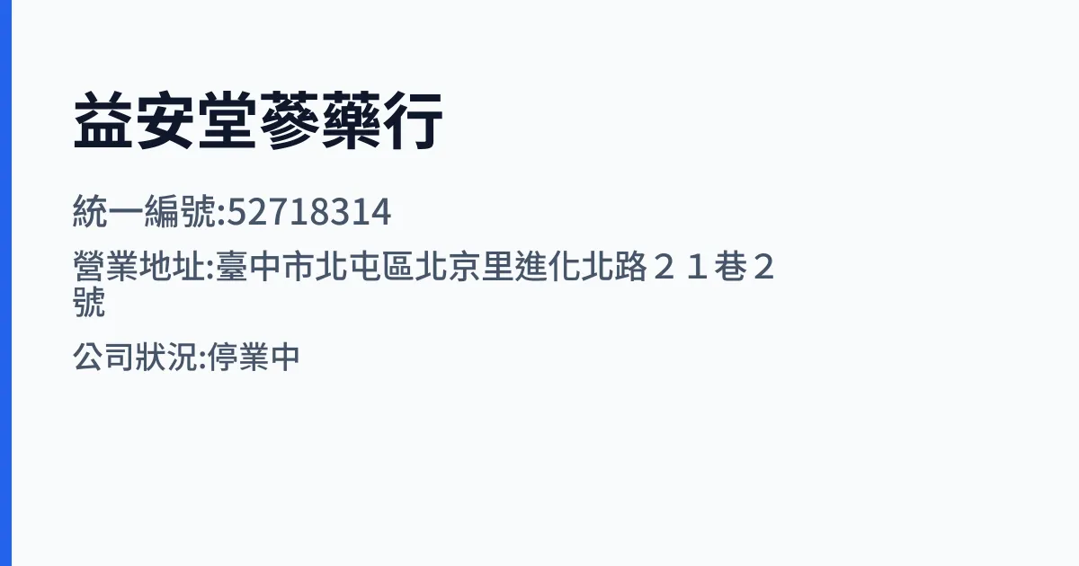 益安堂蔘藥行 - 統編 52718314(臺中市) 公司登記資料與營業項目詳細圖表