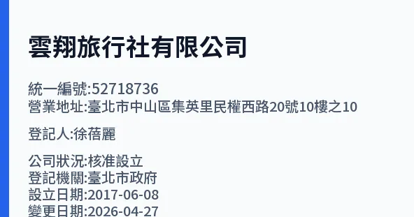 雲翔旅行社有限公司的照片-統編 52718736(臺北市) 公司登記資料與營業項目詳細圖表
