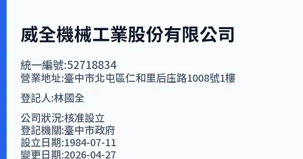 威全機械工業股份有限公司的照片-統編 52718834(臺中市) 公司登記資料與營業項目詳細圖表