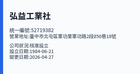 弘益工業社的照片-統編 52719382(臺中市) 公司登記資料與營業項目詳細圖表