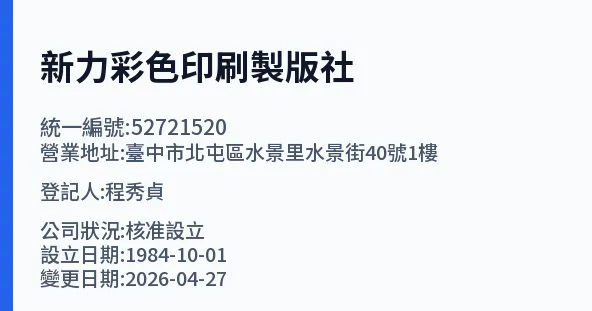 新力彩色印刷製版社的照片-統編 52721520(臺中市) 公司登記資料與營業項目詳細圖表