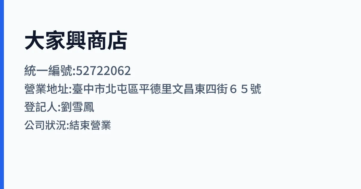 大家興商店 - 統編 52722062(臺中市) 公司登記資料與營業項目詳細圖表