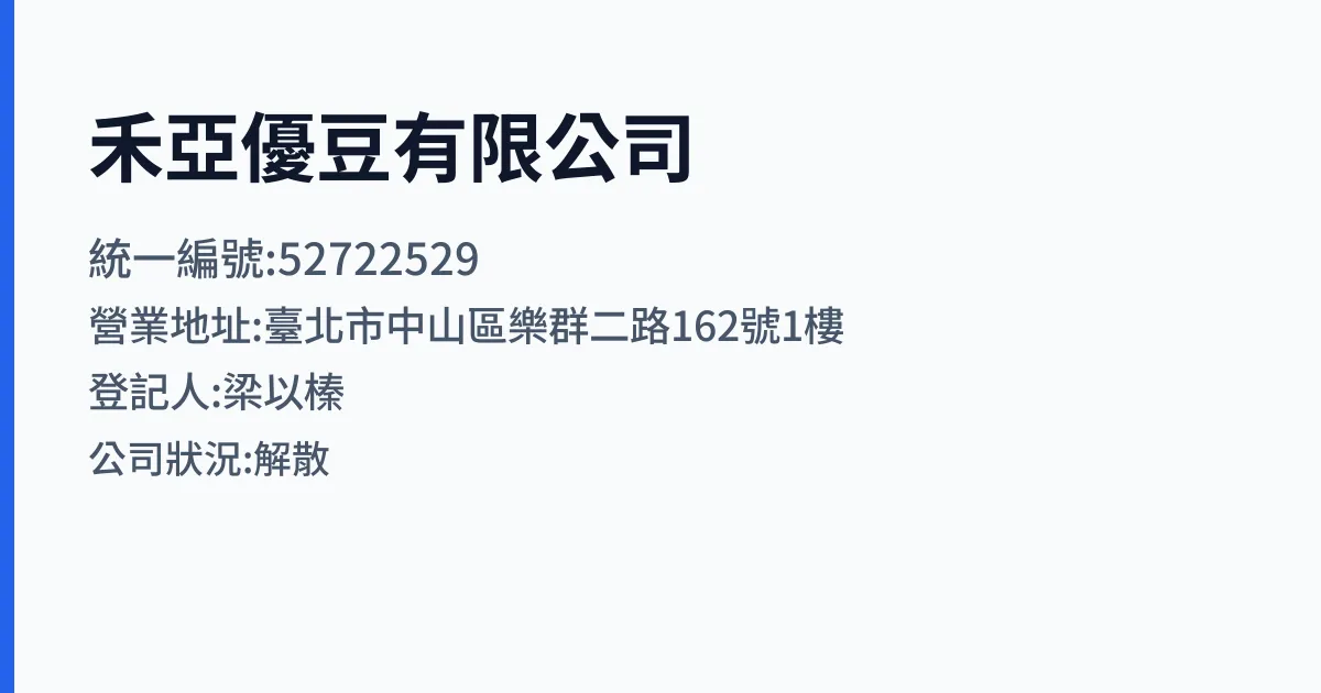 禾亞優豆有限公司 - 統編 52722529(臺北市) 公司登記資料與營業項目詳細圖表