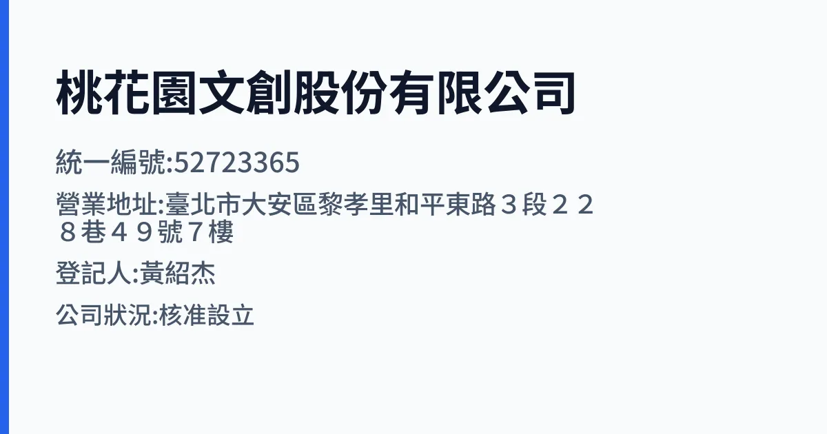 桃花園文創股份有限公司 - 統編 52723365(臺北市) 公司登記資料與營業項目詳細圖表