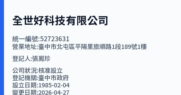 全世好科技有限公司的照片-統編 52723631(臺中市) 公司登記資料與營業項目詳細圖表
