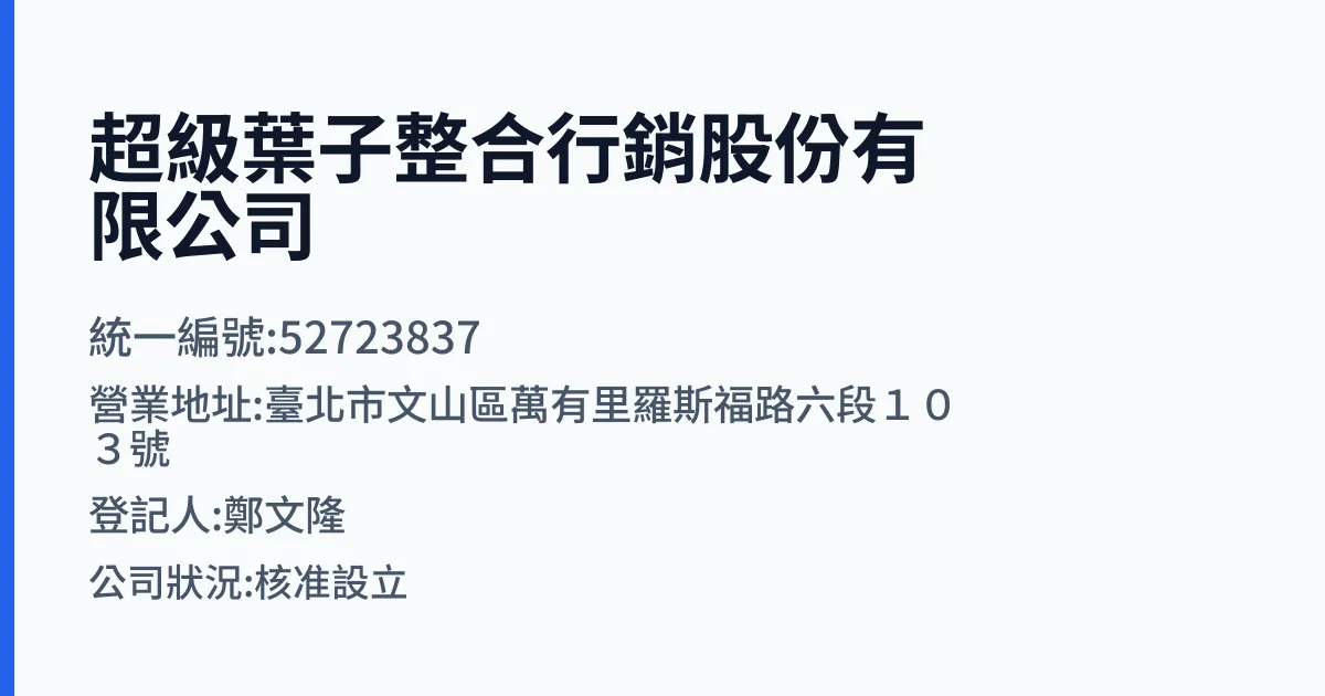 超級葉子整合行銷股份有限公司 - 統編 52723837(臺北市) 公司登記資料與營業項目詳細圖表