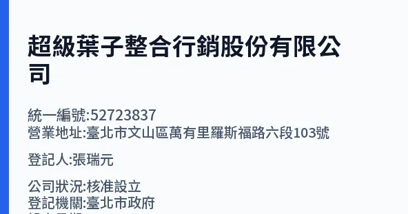 超級葉子整合行銷股份有限公司的照片-統編 52723837(臺北市) 公司登記資料與營業項目詳細圖表