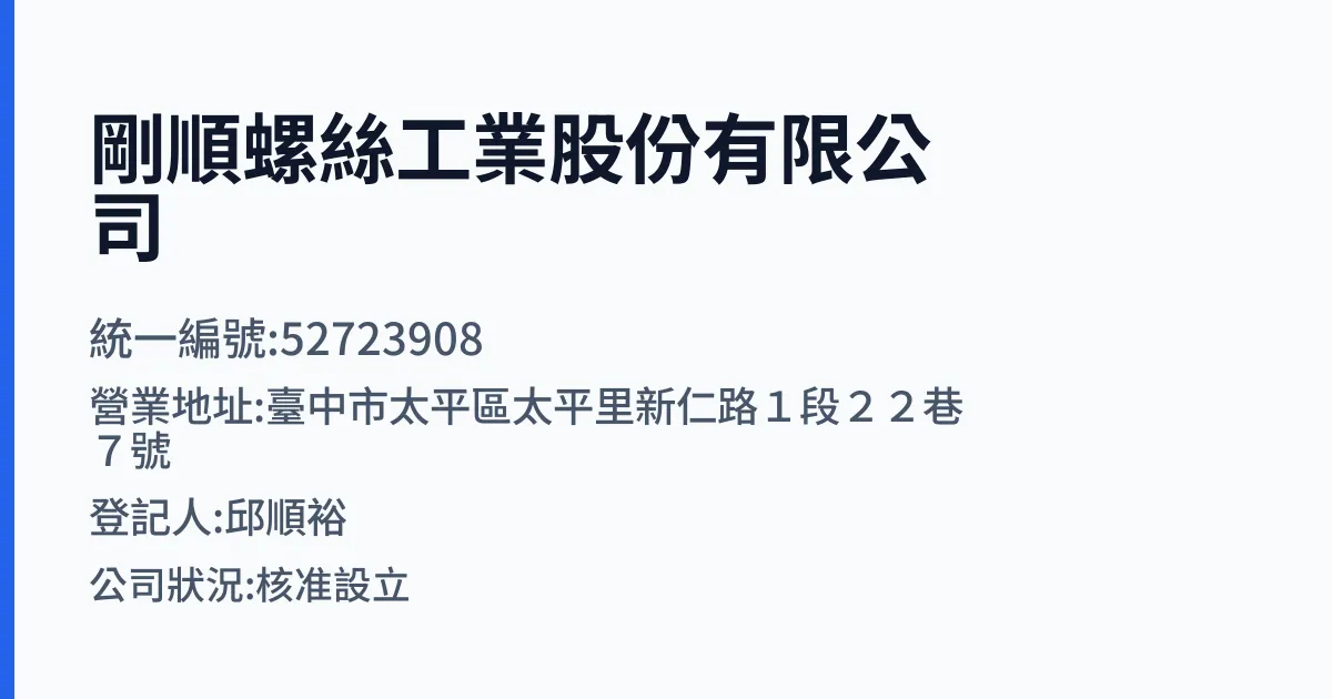 剛順螺絲工業股份有限公司 - 統編 52723908(臺中市) 公司登記資料與營業項目詳細圖表