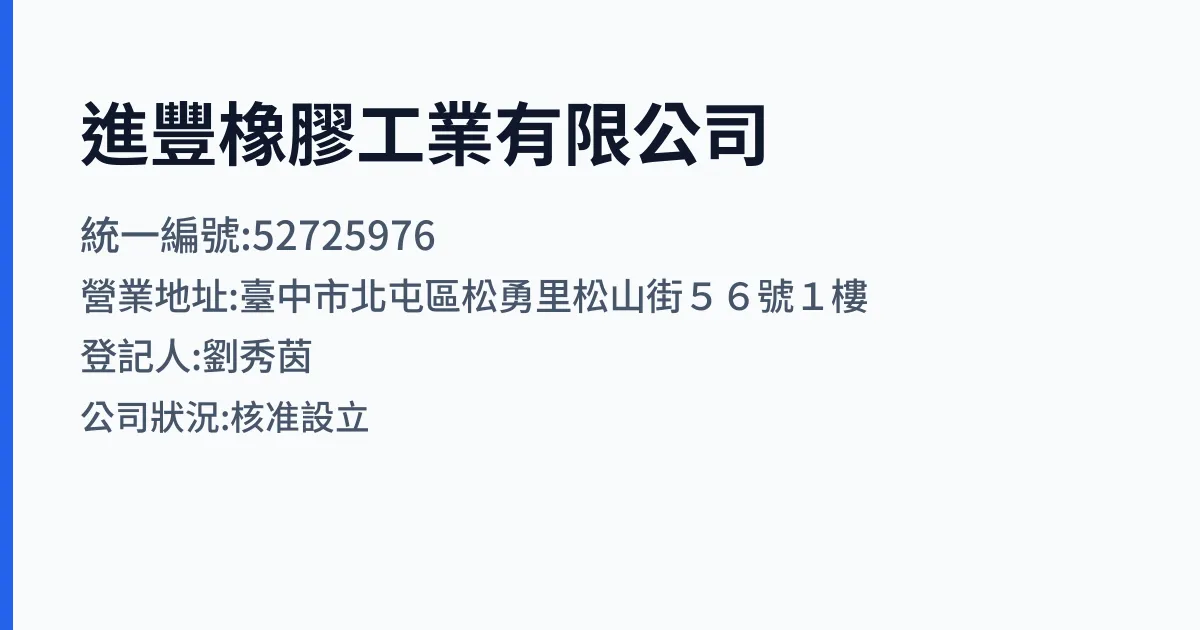 進豐橡膠工業有限公司 - 統編 52725976(臺中市) 公司登記資料與營業項目詳細圖表