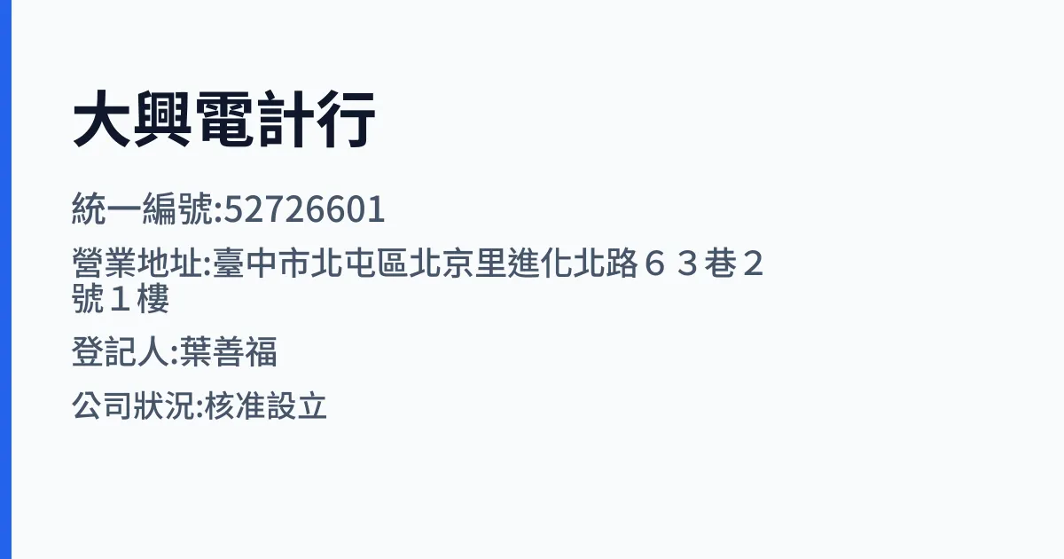 大興電計行 - 統編 52726601(臺中市) 公司登記資料與營業項目詳細圖表