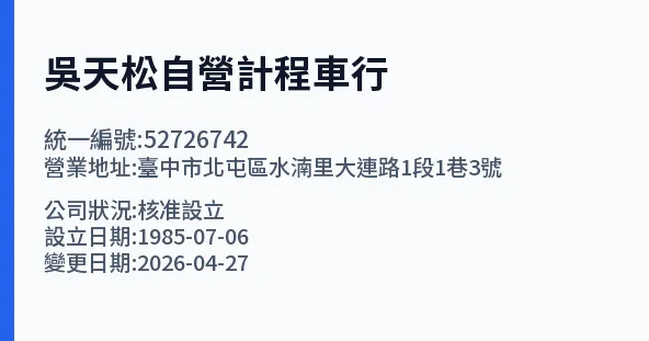 吳天松自營計程車行的照片-統編 52726742(臺中市) 公司登記資料與營業項目詳細圖表
