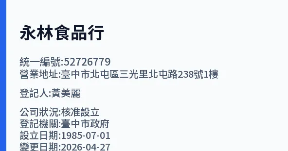 永林食品行的照片-統編 52726779(臺中市) 公司登記資料與營業項目詳細圖表