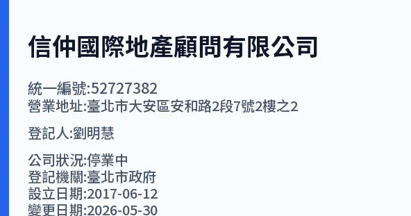 信仲國際地產顧問有限公司的照片-統編 52727382(臺北市) 公司登記資料與營業項目詳細圖表