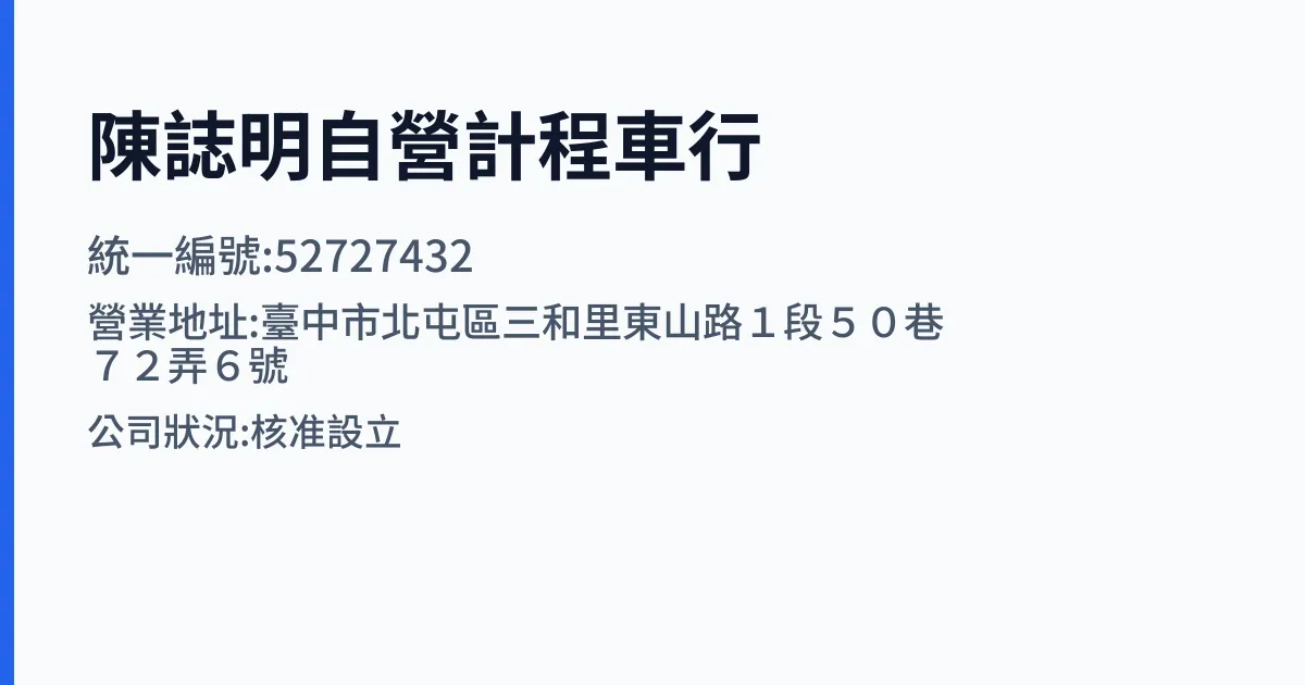 陳誌明自營計程車行 - 統編 52727432(臺中市) 公司登記資料與營業項目詳細圖表