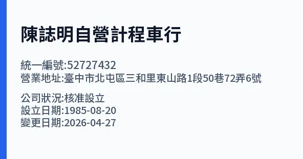 陳誌明自營計程車行的照片-統編 52727432(臺中市) 公司登記資料與營業項目詳細圖表