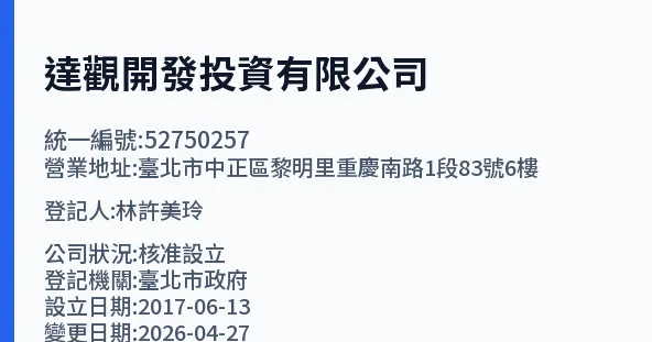 達觀開發投資有限公司的照片-統編 52750257(臺北市) 公司登記資料與營業項目詳細圖表