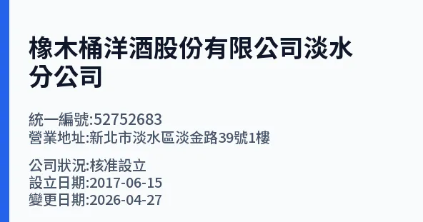 橡木桶洋酒股份有限公司淡水分公司的照片-統編 52752683(新北市) 公司登記資料與營業項目詳細圖表