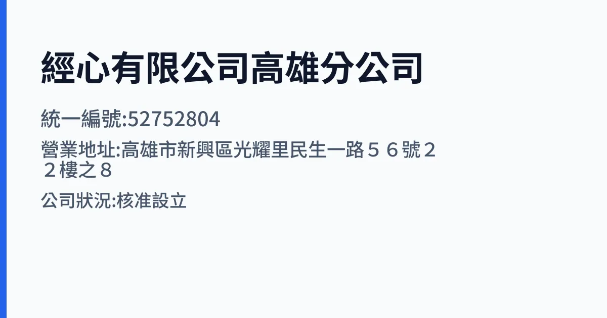 經心有限公司高雄分公司 - 統編 52752804(高雄市) 公司登記資料與營業項目詳細圖表