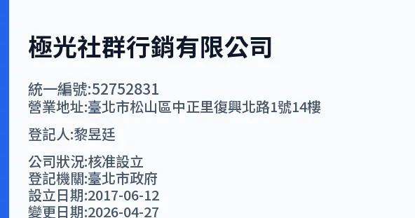 極光社群行銷有限公司的照片-統編 52752831(臺北市) 公司登記資料與營業項目詳細圖表