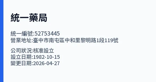 統一藥局的照片-統編 52753445(臺中市) 公司登記資料與營業項目詳細圖表