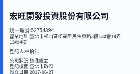 宏旺開發投資股份有限公司的照片-統編 52754394(臺北市) 公司登記資料與營業項目詳細圖表